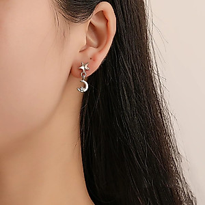 SLUYNZ 925 Sterling Silver CZ Crystal Star Moon Studs Earrings for Women Sparkling Asymmetric Studs Earrings (Star Moon Earrings)