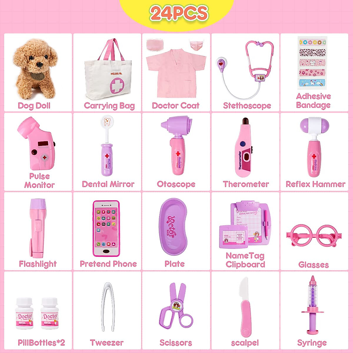 Meland Toy Doctor Kit for Girls - Pretend Play Doctor Set with Dog Toy, Carrying Bag, Stethoscope Toy & Dress Up Costume - Doctor Play Gift for Kids Toddlers Ages 3 4 5 6 Year Old for Role Play