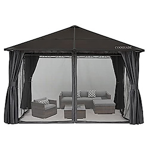 COOSHADE 10×12 Polycarbonate Roof Patio Gazebos Waterproof Outdoor Gazebo with Curtains and Mosquito Netting (Dark Grey)