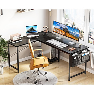 Casaottima 50 inch L Shaped Desk, Computer Desk with Removable PC Stand, Reversible Home Office Desk with Storage Bag for Gaming Writing, Corner Desk for Bedroom, Small Space, Black