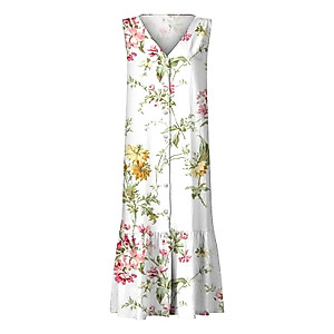 Maxi Dress Women House Dresses for Women with Pockets Curved Hem Sleeveless Summer Tank Lounge Camping Ruffle Print Cool Vneck Linen Dress Ladies Red Women's Casual Dresses Cotton Maxi Skirt