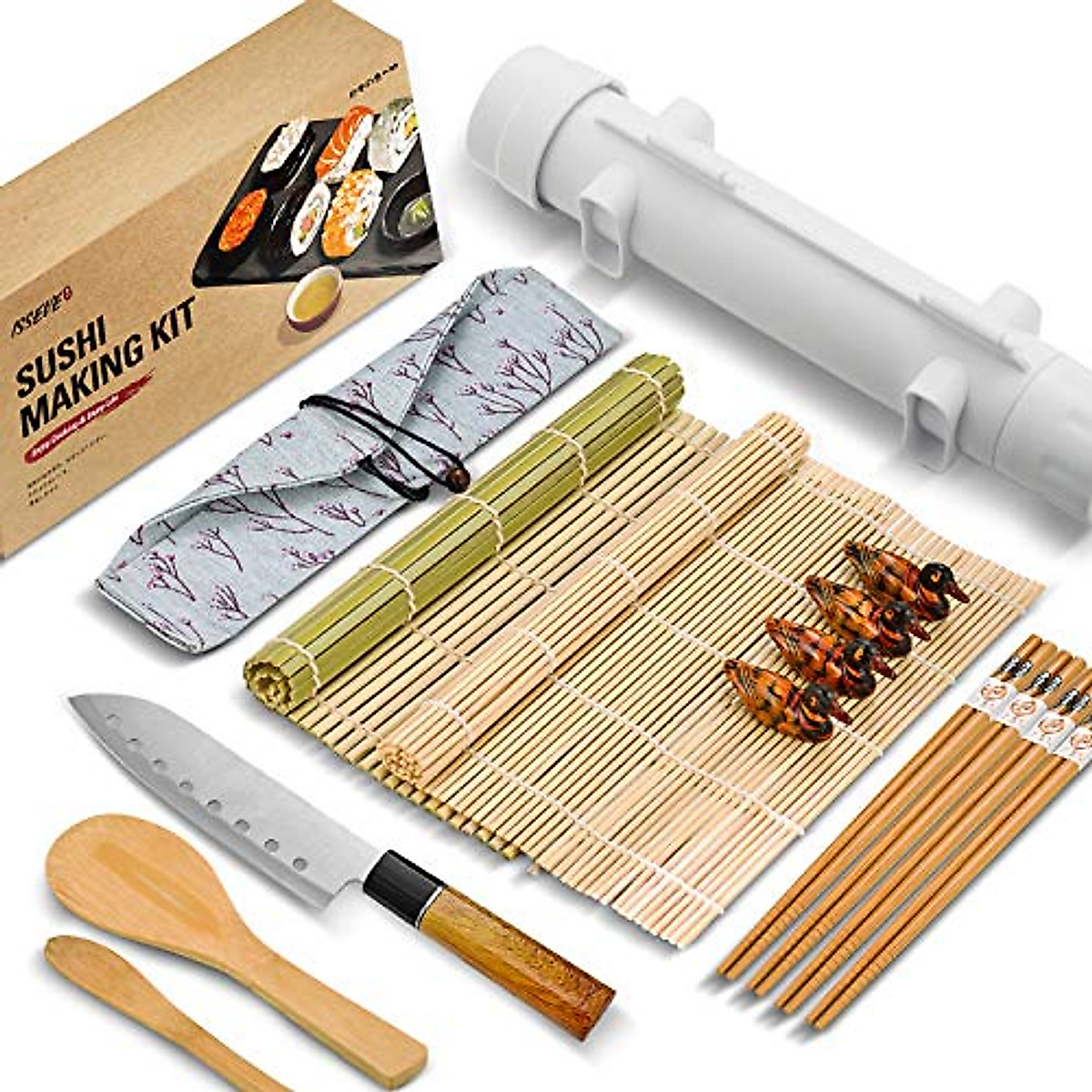 ISSEVE Sushi Making Kit, Bamboo Sushi Mat, All In One Sushi Bazooka Maker with Bamboo Mats, Bamboo Chopsticks, Paddle, Spreader, Sushi Knife, DIY Sushi Roller Machine