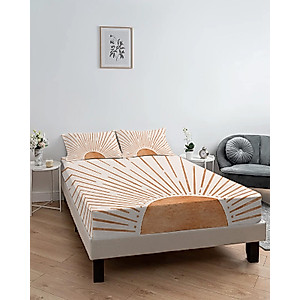 Fitted Sheet Set for Queen Size Bed Mid Century Boho Orange Sun Aesthetic Striped 3 Pieces Bedding Sheets-Deep Pocket Bedsheet Fits Mattress Upto 16",2 Pillow Cases Bedroom Decor Retro Beige