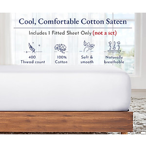 California Design Den White Twin XL Fitted Sheet, 100% Cotton 400 Thread Count Sateen, 1 Fitted Sheet Only for Home, Fits College Dorm Mattresses (Twin XL, White)