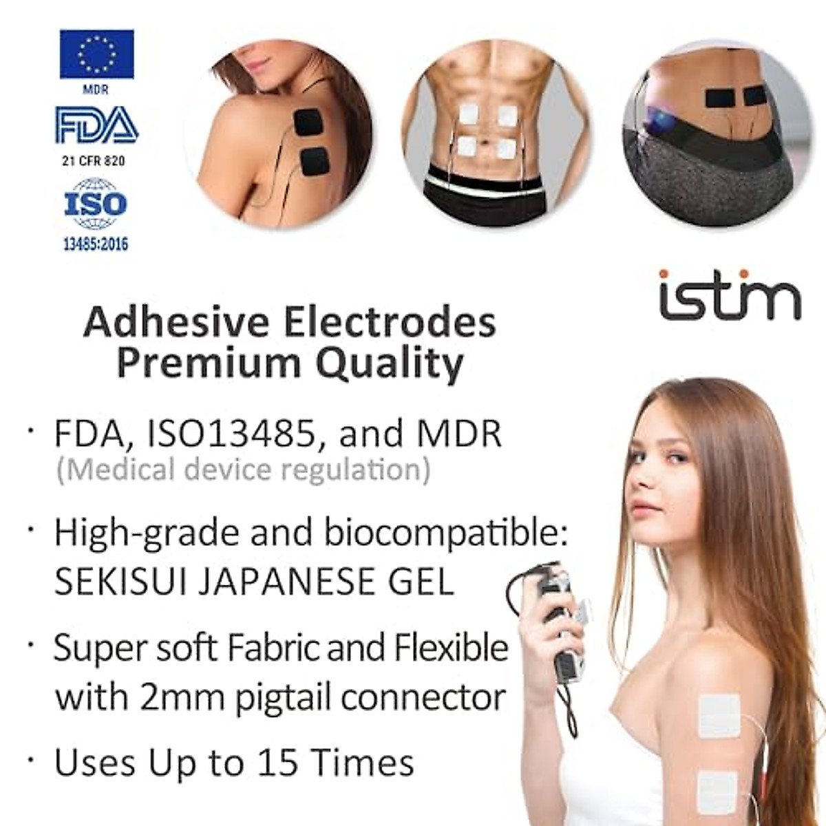 iStim Super Soft 2"x2" TENS Unit Electrodes for TENS Massage EMS Unit/Muscle Stimulator - 100% Japanese Gel - 16 Pieces Reusable Electrode Pads (2"x2"- 16 Pieces - Black)