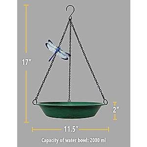 Keygift Hanging Bird Bath for Outdoor, Antique Green Metal Bird Feeder Birdbath Bowl with 17” Rust-Proof Black Chains for Garden Backyard Decor