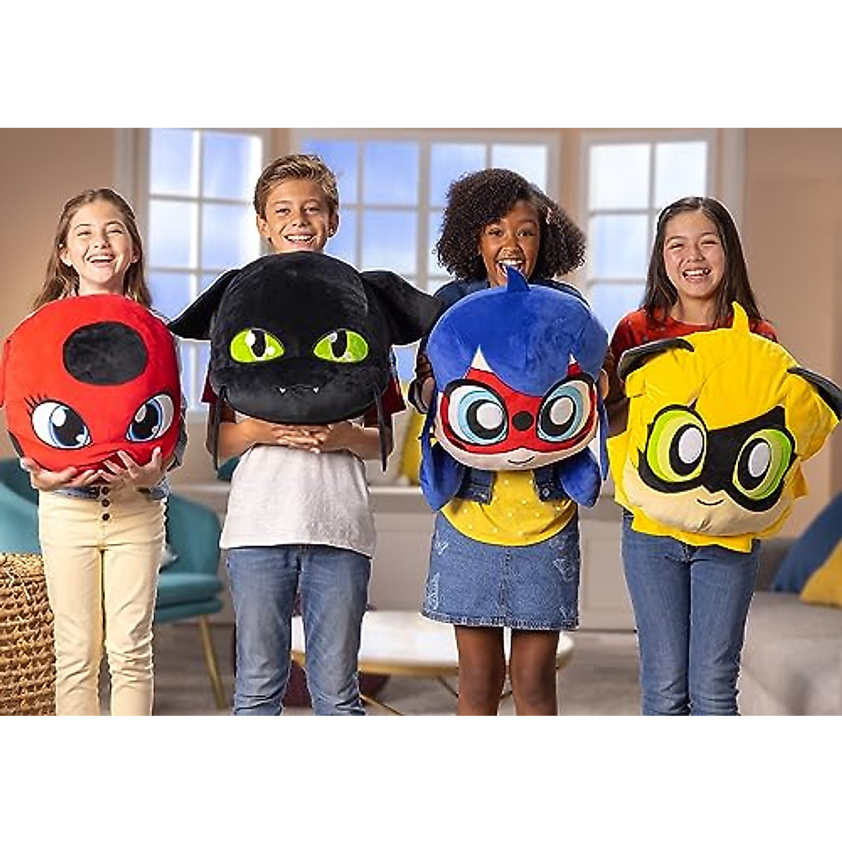 Miraculous Ladybug - Huggie Hideaway Plagg, 16.5-inch Black Plush Pillow, Super Cute Soft Stuffed Toy for Kids with Large Zipper Secret Pocket in The Back (Wyncor)
