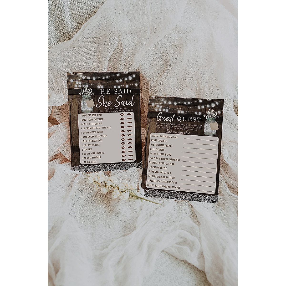 Your Main Event Prints Bridal Shower Bachelorette Games, Rustic Wood Barrel Mason Jar, He Said She Said, Find The Guest Quest, Would She Rather, Phone Game, 25 games each