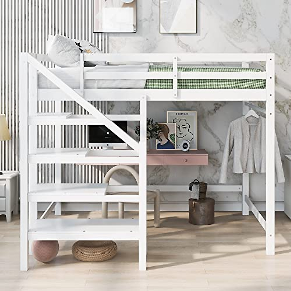 Harper & Bright Designs Full Size Loft Bed with Stairs and Hanging Rod, Wooden Full Loft Bed Frame with Storage Shelf, High Loft Beds for Kids Boys Girls Teens Dorm Bedroom (Full, White)