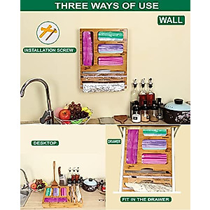 Plastic Wrap Dispenser with Cutter and Ziplock Bag organizer,6 IN 1 Bamboo Foil and Plastic Wrap Organizer for Kitchen Drawer & Wall Mount,Ziplock Bag Storage Organizer for Gallon,Quart,Sandwich,Snack