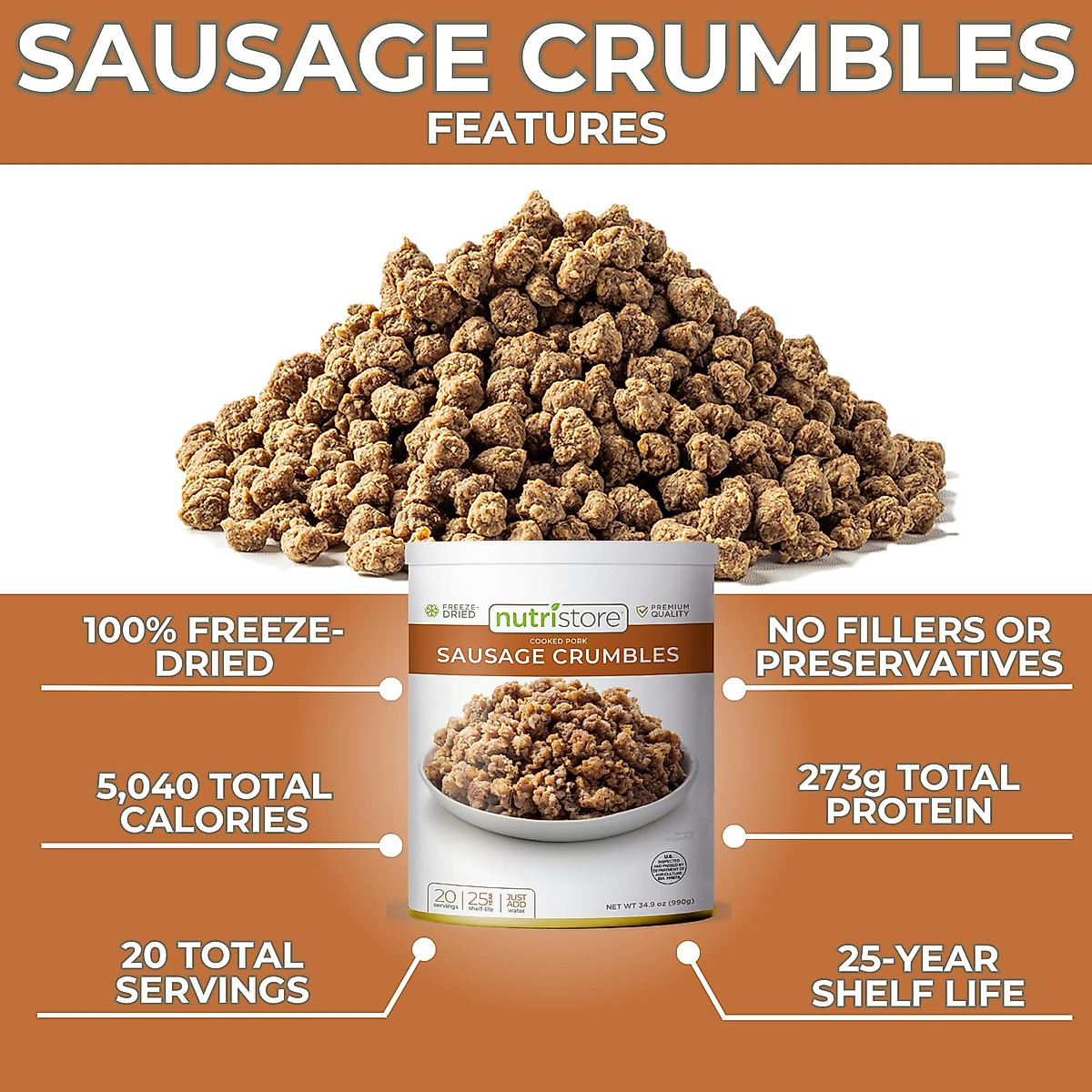 Nutristore Freeze Dried Sausage Crumbles | Survival Emergency Food Supply, Meal Prep, Camping | Made in USA | 25 Year Shelf Life | #10 Can, 29.6 oz