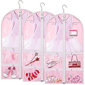 3 Pack Dance Garment Bag Pink Dance Costume Bags Kids Dress Bag with 4 Zipper Pockets 38 x 22 Inch Wardrobe Storage Bag Clear Window Garment Covers Recital Competition Bags for Dancer Girls Boys