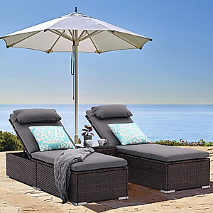 iArtHand 3 PCS Patio Chaise Lounge Outdoor Lounge Chair Patio Reclining Chair with Coffee Table Cushion&Pillow 5 Angle Adjustment PE Rattan Chair for Courtyards Poolside Garden (Coffee-D)