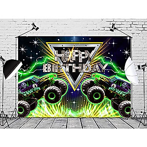 SVBright Green Truck Backdrop 7Wx5H Monster Racing Car Stadium Auditorium Light Terrain Vehicle Locomotive Boys Happy Birthday Decorations Photography Background Banner Photo Booth Studio