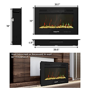 FOGATTI Electric Fireplace 30 Inch Wall Mounted and Recessed, RV Electric Fireplace, Remote Control with Timer, Fireplace Heater, Realistic 7 Color Flame, Crystals & Driftwood Options