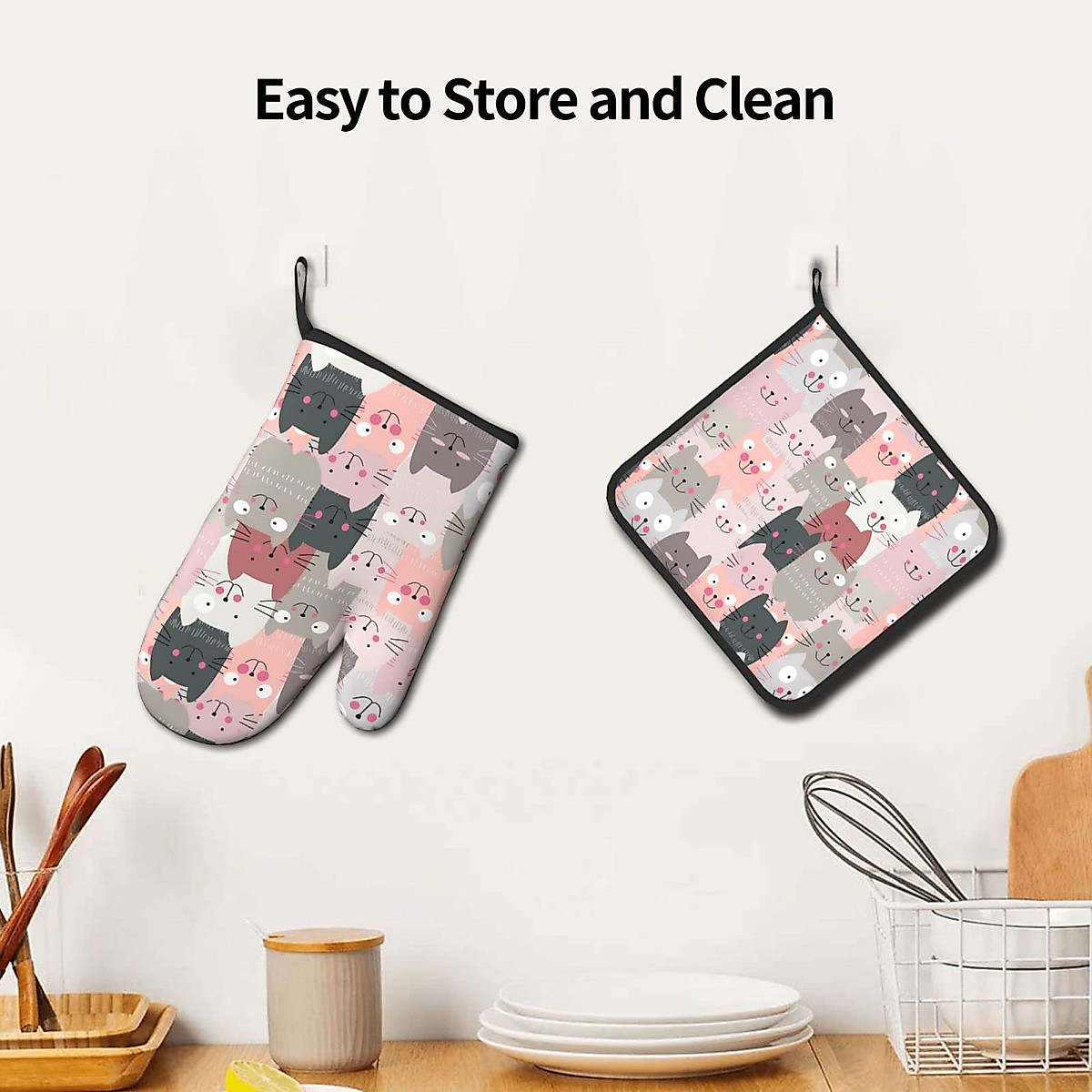 Oplp Funny Pink Cute Cats Oven Mitts and Pot Holders Heat Resistant Oven Mitts Safe for Baking Cooking BBQ