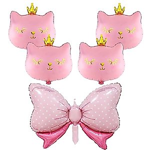 BlingABC Pink Cat Balloons 5Pcs, Large 20Inch Crown Kitty Cat with 30Inch Pink Bow Balloons for Girls Kitten Animal Themed Baby Shower Birthday Decoration Party Supplies