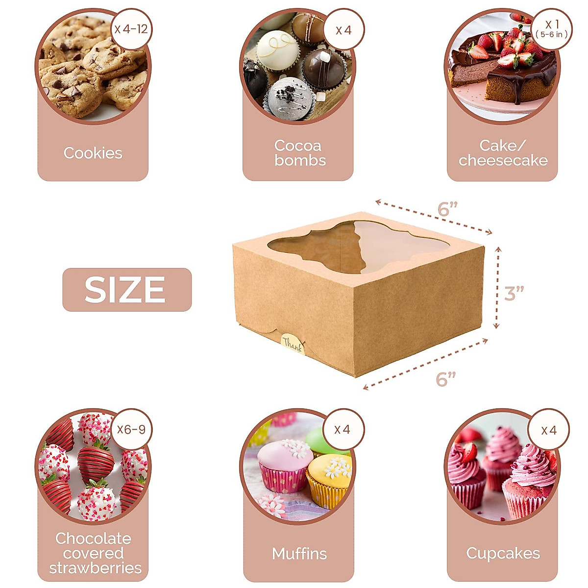 Leafiew 20 Pack 6x6x3 Bakery Boxes with Window – Small Cookie Boxes for Gift Giving – Treat Boxes for Small Cake, Pastry, Strawberries, Dessert, Candy, Charcuterie, Baked Goods and Food (Brown)