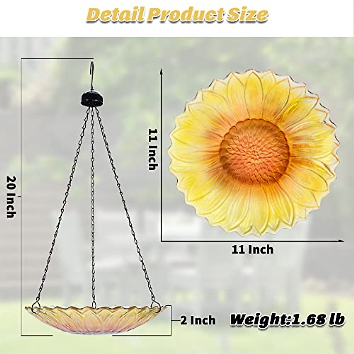 MUMTOP Hanging Bird Bath Outdoor Glass Bird Baths Sunflower Bird Feeder with Water Ripple Rim 11 Inch for Garden Yard Patio Decor