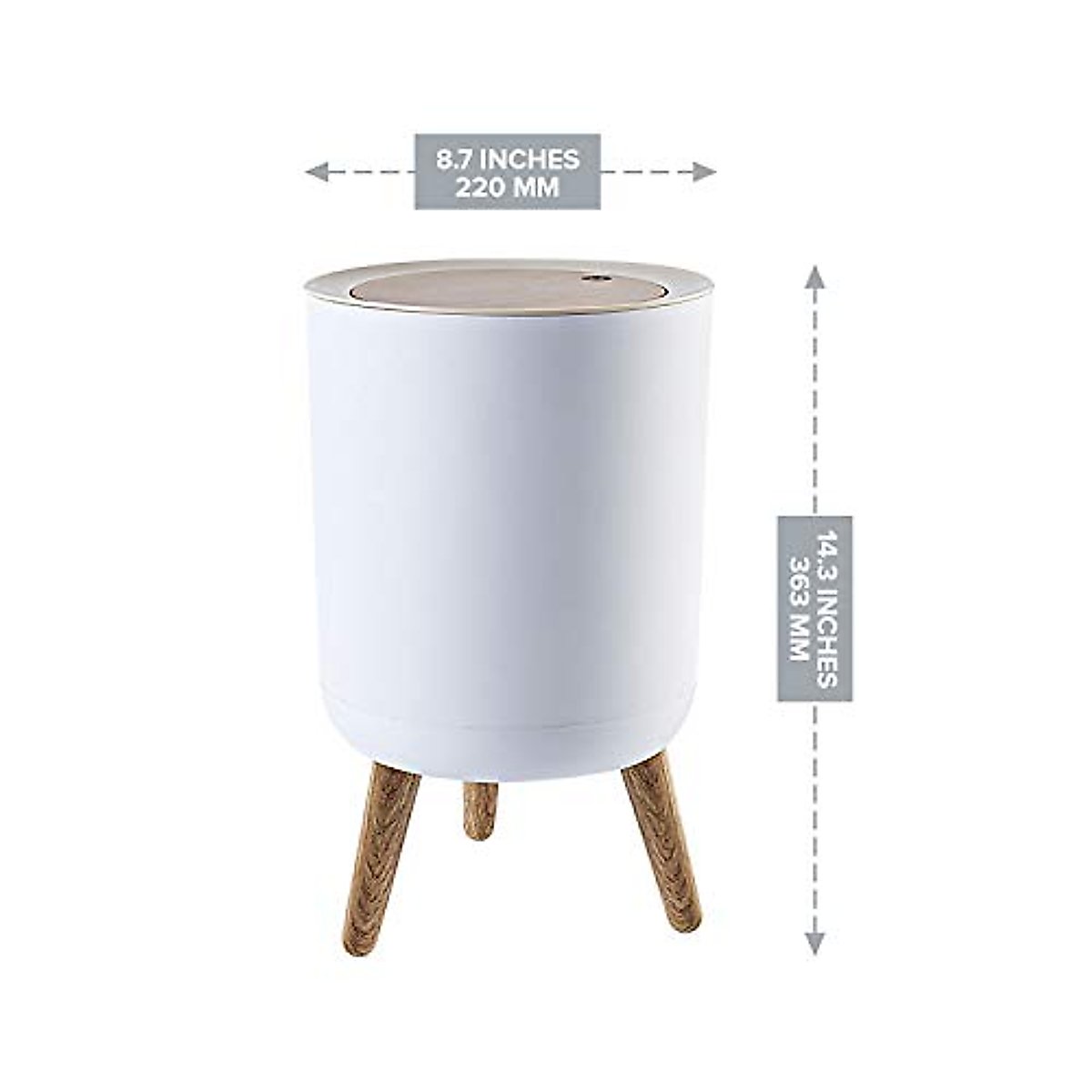 Nordic Style Trash Can (1-Pack) - Push Top Trash Can with Lid - 14.3" x 8.7" White Top Spring Waste Basket - Scandinavian Modern Garbage Can - Round Trash Bin w/ Legs - Kitchen/Bathroom Trash Can I 1.8 Gallon - 7L
