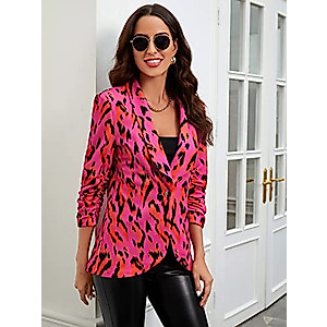Verdusa Women's Leopard Print Ruched 3/4 Sleeve Shawl Collar Blazer Jacket Hot Pink L