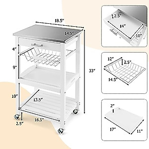 IFANNY Kitchen Island Cart, White Rolling Cart with Stainless Steel Table Top, Drawer, Metal Baskets & Wooden Tray, Wood Storage Cart on Wheels, Modern Serving Cart for Restaurant, Hotel