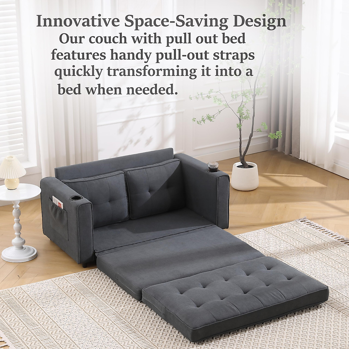 Upgraded Loveseat Sleeper Sofa, 55'' W Folding Couch Bed with 2 Pillows and Pockets & Cup Holder, Convertible Floor Gaming Couch Bed for Basement, Living Room, Bedroom, Entertainment Room (Dark Gray)