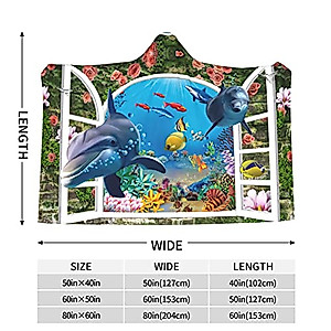 Hooded Blanket Underwater Dolphin With Flowers Window Flannel Wearable Throw Cape Robe Wrap Fleece Warm Air-Conditioning Quilt 60"X50"