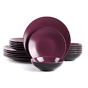 HomeVss Stoneware Two-Tone Colors Life 18pc Dinner Set，Outside Shiny Black + Inside Matte Glaze Plum