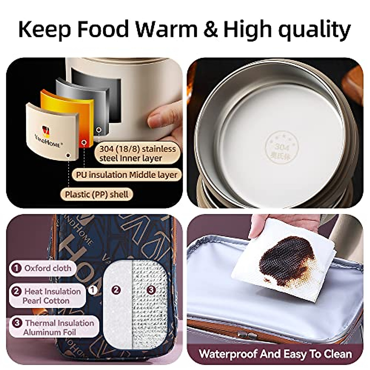 TiLeMiun Portable Insulated Lunch Containers Set, Microwave Safe Thermal Lunch Box For Kids & Aldults, 18/8 Stainless Steel Leakproof Food Container With Bag (Khaki 2Pcs 34oz)