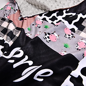 Munific Personalized Cow Print Baby Blanket with Name - Custom Boy's Girl's Cartoon Cute Cow Milk Nursery Theme - Toddler Minky Blankets - Personalized Name Plaid Quilt Style Blanket