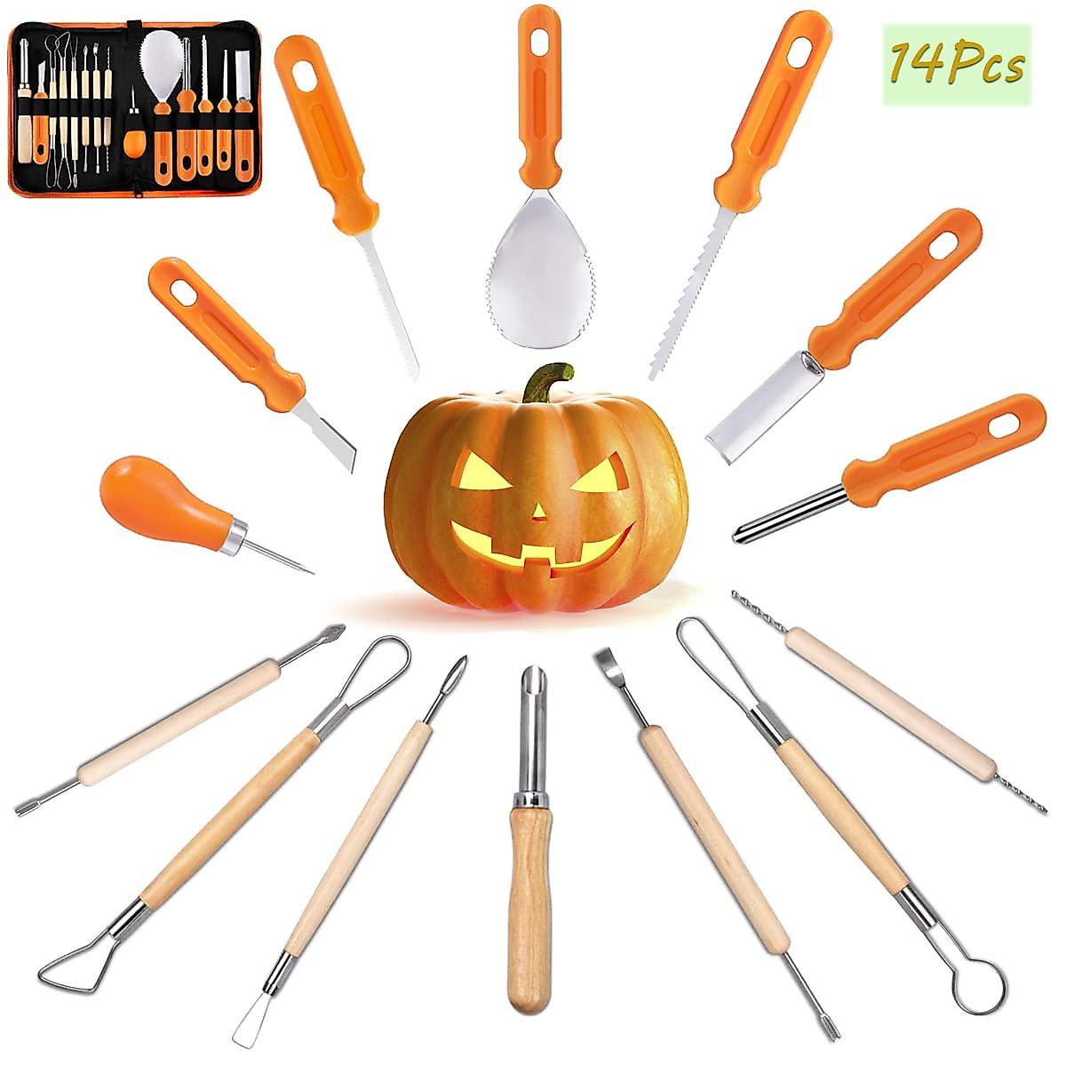 Halloween Pumpkin Carving Kit - 14 Pcs Professional Jack-O-Lanterns Pumpkin Cutting Supplies Tools Kit - Easily Sculpting DIY Halloween with Carrying Case - Carving Knife for Halloween Decoration