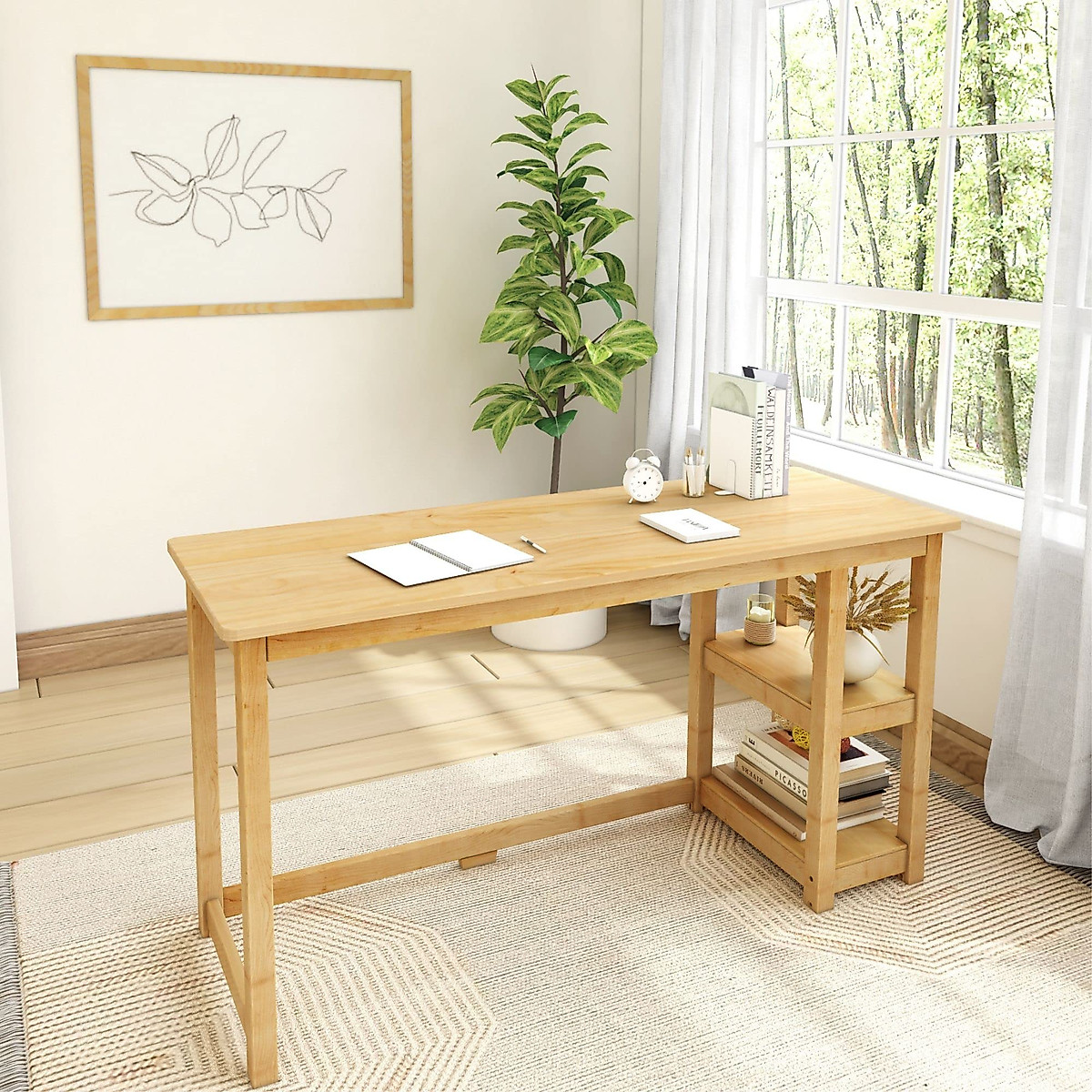 Plank+Beam Computer Desk with Shelves, Simple Desk for Bedroom, Home Office Study Desk, 55.25 Inch, Natural