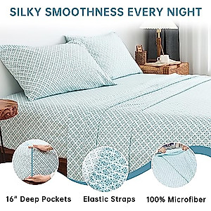 JUMEE 4PC King Sheet Set, Soft Microfiber Floral Bed Sheets, Printed Green Pattern Bedding Set with up to 16" Deep Pocket, Breathable & Cool, Wrinkle and Fade Resistant, Green Laminated Floral