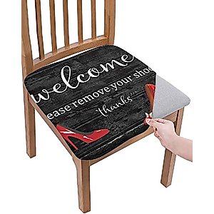 Chair Covers for Dining Room Set of 6, Removable Washable Office Chair Cover, Welcome Red High Heels Vintage Wood Grain Background Chair Cushion Covers for Bar Stool Kitchen 13.4"-18"