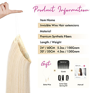 REECHO Invisible Wire Hair Extensions with Transparent Headband Adjustable Size Removable Secure Clips in Straight Secret Hairpiece for Women (24 Inch, Light Blonde)