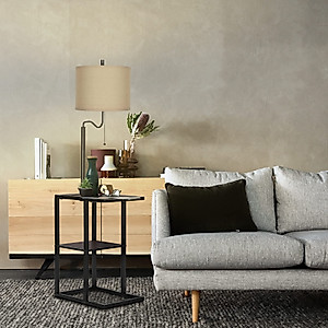 hykolity Floor Lamp W/ End Table and USB Charging Port, Modern Bedside Nightstand Lighting, Walnut Attached Side Table W/ Shelves for Living Room, Bedroom, Guest Room, Bulb Sold Separately