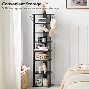 HOOBRO 8 Tiers Vertical Shoe Rack, Wooden Shoe Storage Organizer with Hooks, Narrow Shoe Tower for 8 Pairs, Space Saving, for Entryway, Living Room, Bedroom, Black BK07XJ01