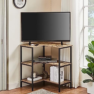 VECELO Corner Cabinet Table with 3 Tier Open Shelf, Multipurpose Display Organizer Storage Stand, for Small Space Living Room Home Office Kitchen,Grey