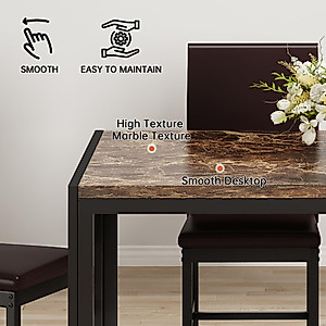 Recaceik Dining Table Set for 4, Kitchen Table and Chairs for 4, Faux Marble Dinner Table Set with 4 Upholstered PU Leather Chairs, Dining Room Table Set for Kitchen Dining Room (Brown)