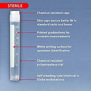 Globe Scientific CryoClear 3015-50 Polypropylene Barcoded Cryogenic Vial, 5mL Capacity, Sterile, External Threads, Attached Screwcap with Molded O-Ring, Round Bottom, Self-Standing (Case of 50)