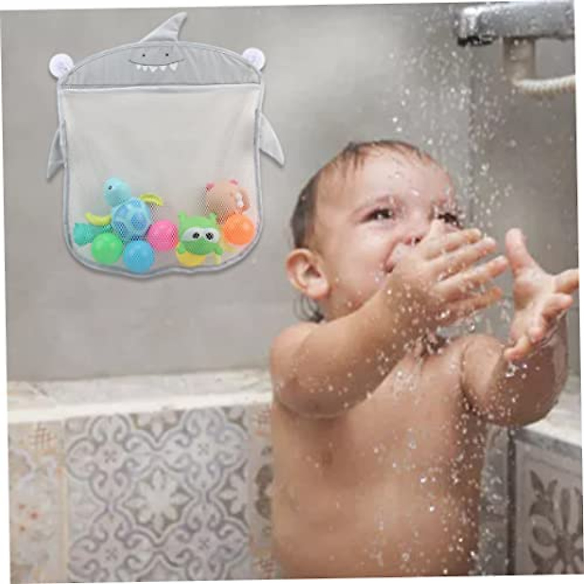 Naisicore Bath Toy Storage Net, Cute Shark Shaped Bathtub Toys Organizer with Suction Cups, Mesh Shower Caddy Storage Bags for Bathroom (Gray)