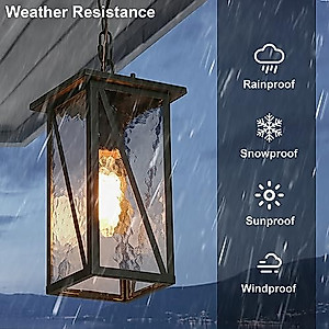 Outdoor Pendant Light Fixture, Farmhouse Exterior Hanging Lights with Water Ripple Glass, Black Ceiling Outdoor Rectangle Hanging Lantern Light for Front Door, Entry, Porch, and Gazebo