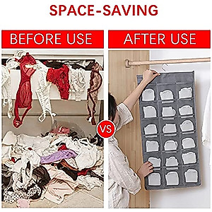 Oxeanus Closet Hanging Organizer with Mesh Pockets And Rotating Metal Hanger,Dual Sided Wall Shelf Wardrobe Storage Bags,Oxford Cloth Space Saver Bag for Bra Underwear Underpants, Gray, 42.5Xx79CM
