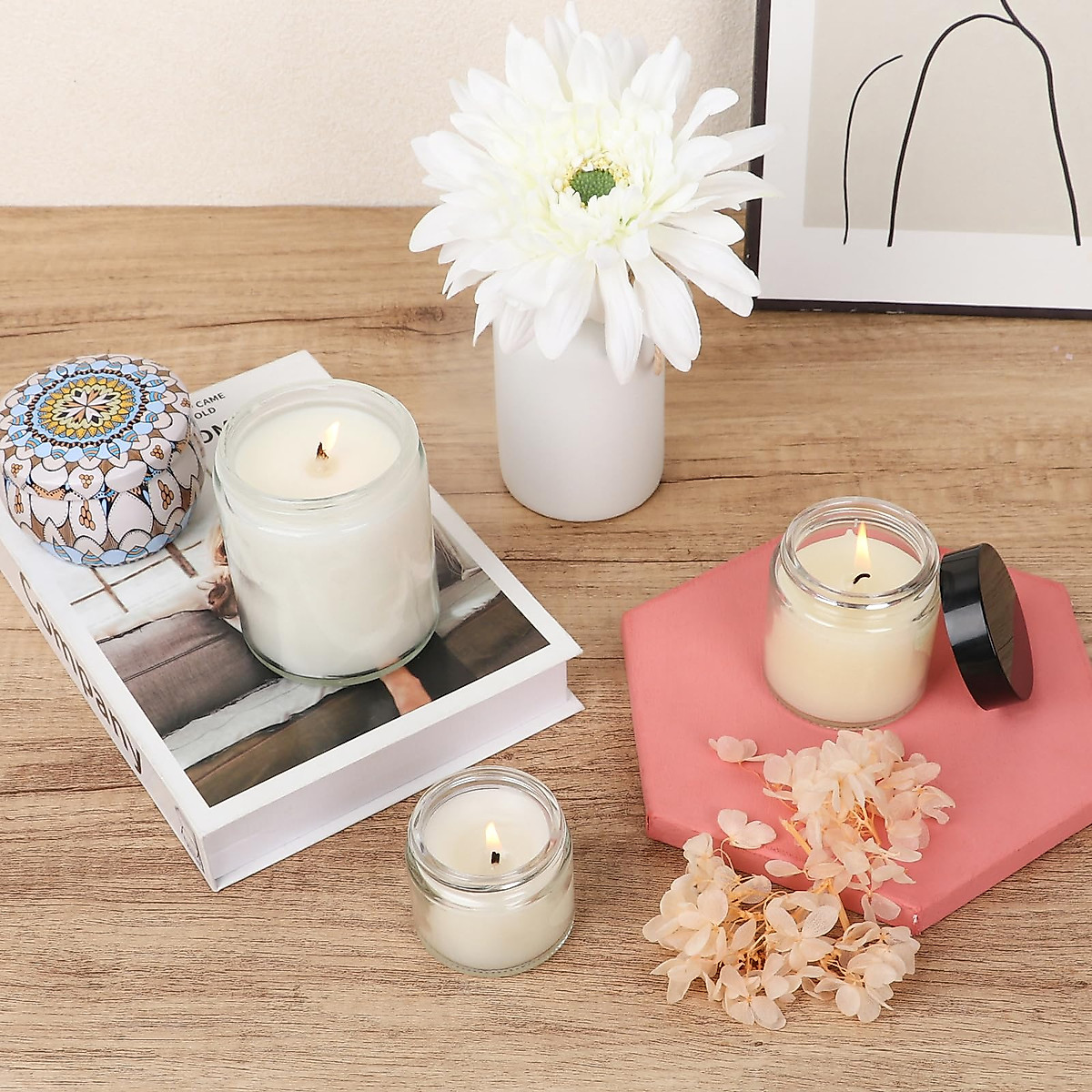 24 Pack 4 oz Glass Jars with lids, Clear Cosmetic Jars with Inner Liners and Black Lids, Lotion Jars, Candle Making Jars for Lotions, Scrubs and Cosmetic, Lables and Spatulas Include