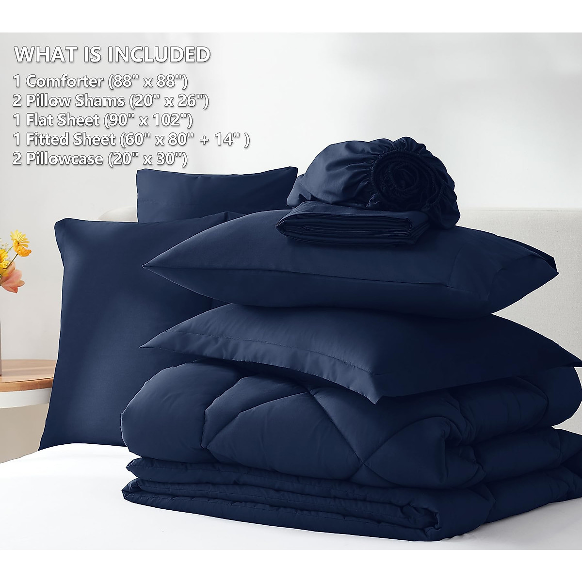 CozyLux Queen Comforter Set Navy Blue - Bed in a Bag Queen Size 7 Pieces, Luxury Soft Bed Set for All Seasons, Bedding Set with Down Alternative Comforter, Sheets, Pillowcases & Shams