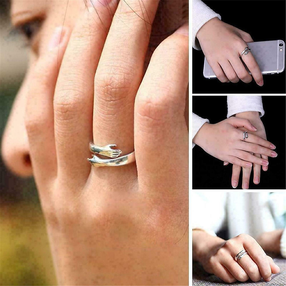 SUNTIRC Ring Silver Heart Love Hug Hands One Size Adjustable Ring Jewelry (1pc)