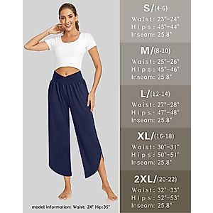TARSE Womens Wide Leg Yoga Pants Cross High Waisted Capris Plus Size Palazzo Split Leg Trousers Casual Flared Sweatpants with Pockets (Navy,XL)