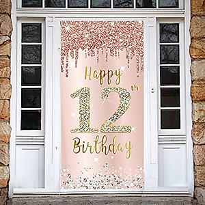 12th Birthday Door Banner Decorations for Girls, Pink Rose Gold Happy 12 Birthday Sign Door Cover Backdrop Party Supplies, Large 12 Year Old Birthday Poster Background Photo Booth Props Party Decor