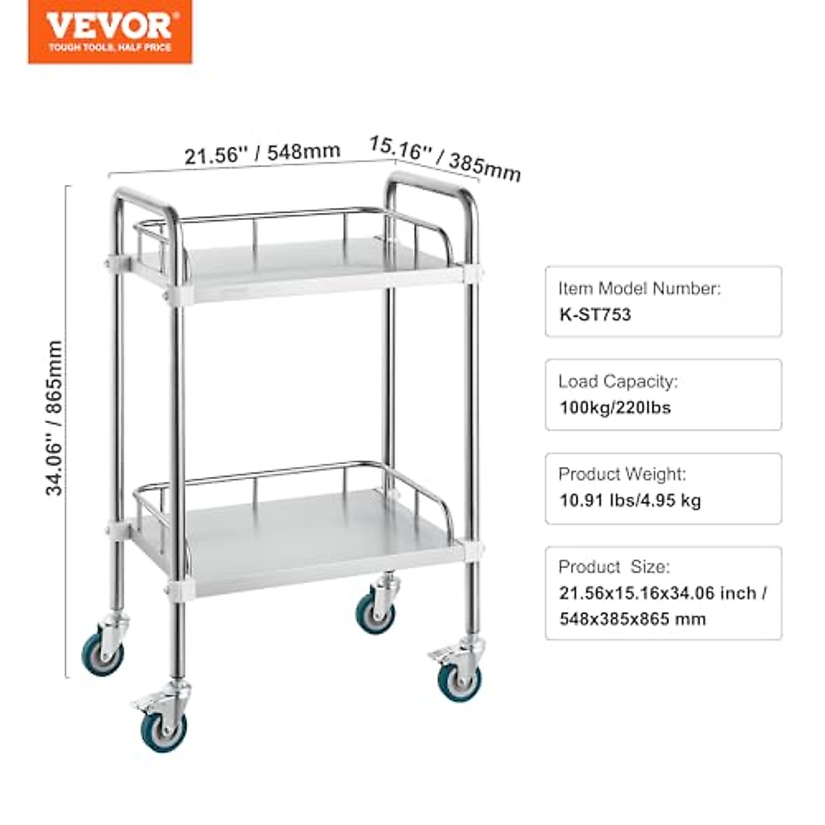 VEVOR Lab Rolling Cart, 2-Shelf Stainless Steel Rolling Cart, Lab Serving Cart with Swivel Casters, Dental Utility Cart for Clinic, Lab, Hospital, Salon, 15.16"x21.57"x34.06"